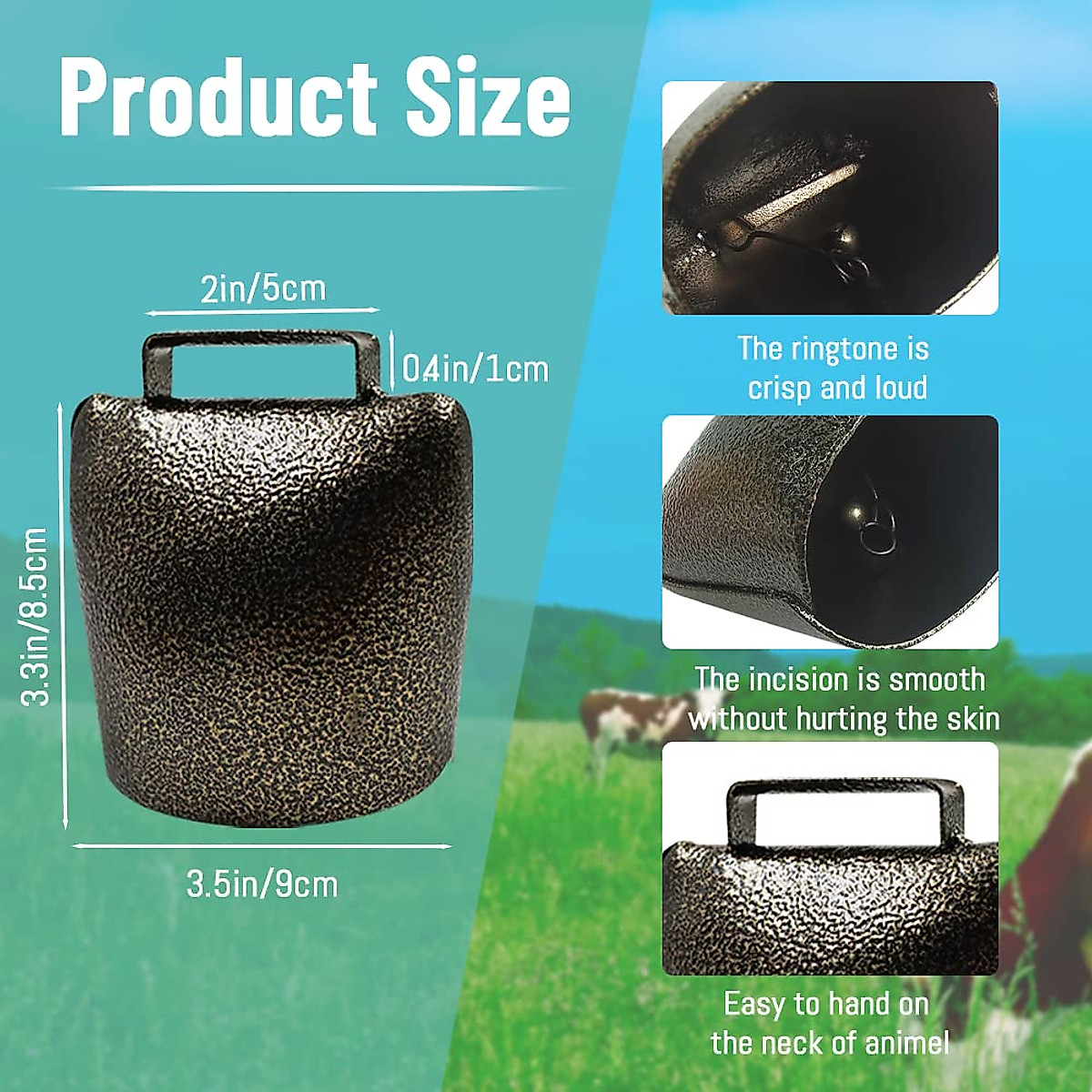 Super Large Metal Cowbell 8.5x9cm/3.35x3.54in, Grazing Bell for Cattle and Horse, Farm Animal Bell, Solid and Loud Noisemaker Cheering Bell for Sporting Events and Games (Bronze)