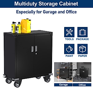 Aobabo 35.4'' Tall Metal Storage Cabinet with Wheels,Lockable Rolling Storage Cabinet for Garage,Office,Home,Steel Tool Chest Cabinet with 2 Shelves,Black