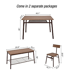 Dporticus 6 Piece Industrial Dining Set for Kitchen Dining Room w/Storage Rack,Wooden Dining Table,4 Ergonomic Chair & 1 Bench,Stainless Steel Frame,Brown
