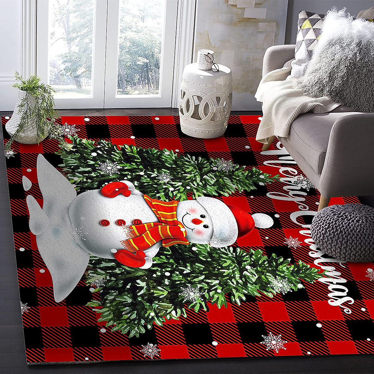 LBDecor 2x3ft Large Area Rugs for Living Room, Christmas Snowman Trees Area Runner Rugs Non Slip Bedroom Carpets Hallways Rug, Outdoor Indoor Nursery Rugs Décor, Red Plaid