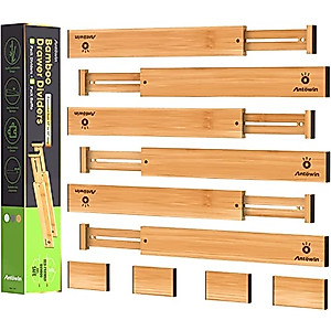 ANTOWIN Bamboo Drawer Dividers, Expandable Drawer Separators Splitter, 17-22 inches Adjustable Spring-loaded Organizer for Large Utensil, Clothes, Tools Drawers, 6 Pack Dividers + 4 Pack Baffle
