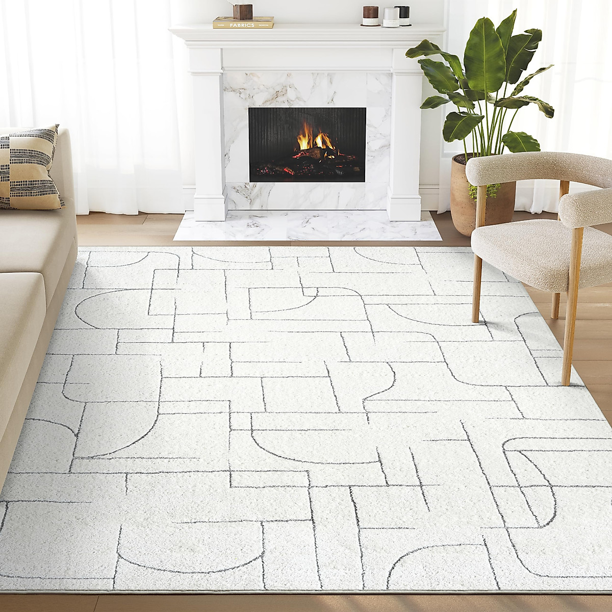 Abani Cozy Cream Area Rug for Living Room, Bedroom - Grey Linear Lines Pattern - 4' x 6' - Durable & Easy to Clean
