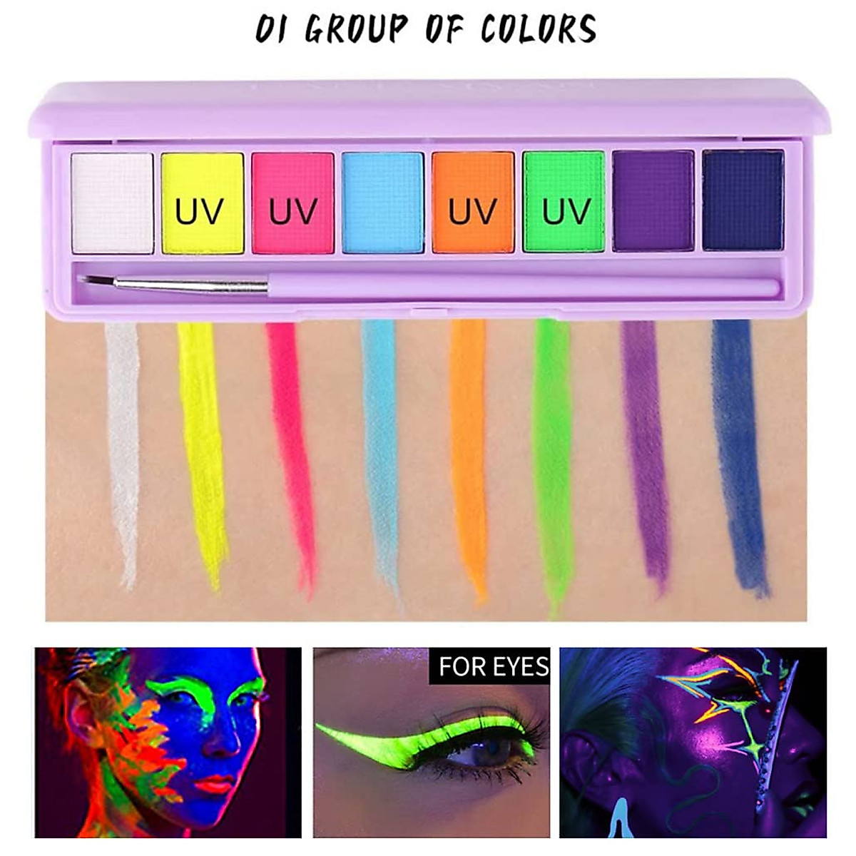 Go Ho 8 Colors Water Activated Eyeliner Palette,High Pigment Bright Vibrant Fluorescent Rainbow Colorful Eye/Face/Body Paint,Matte and UV Paint Graphic Eyeliner with Brushes-01