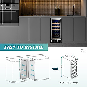 EUHOMY 15 Inch Under-counter Refrigerators, Single Zone Wine Fridge, Wine Refrigerator Digital Temperature Control, Freestanding Wine Chiller with Removable Shelves