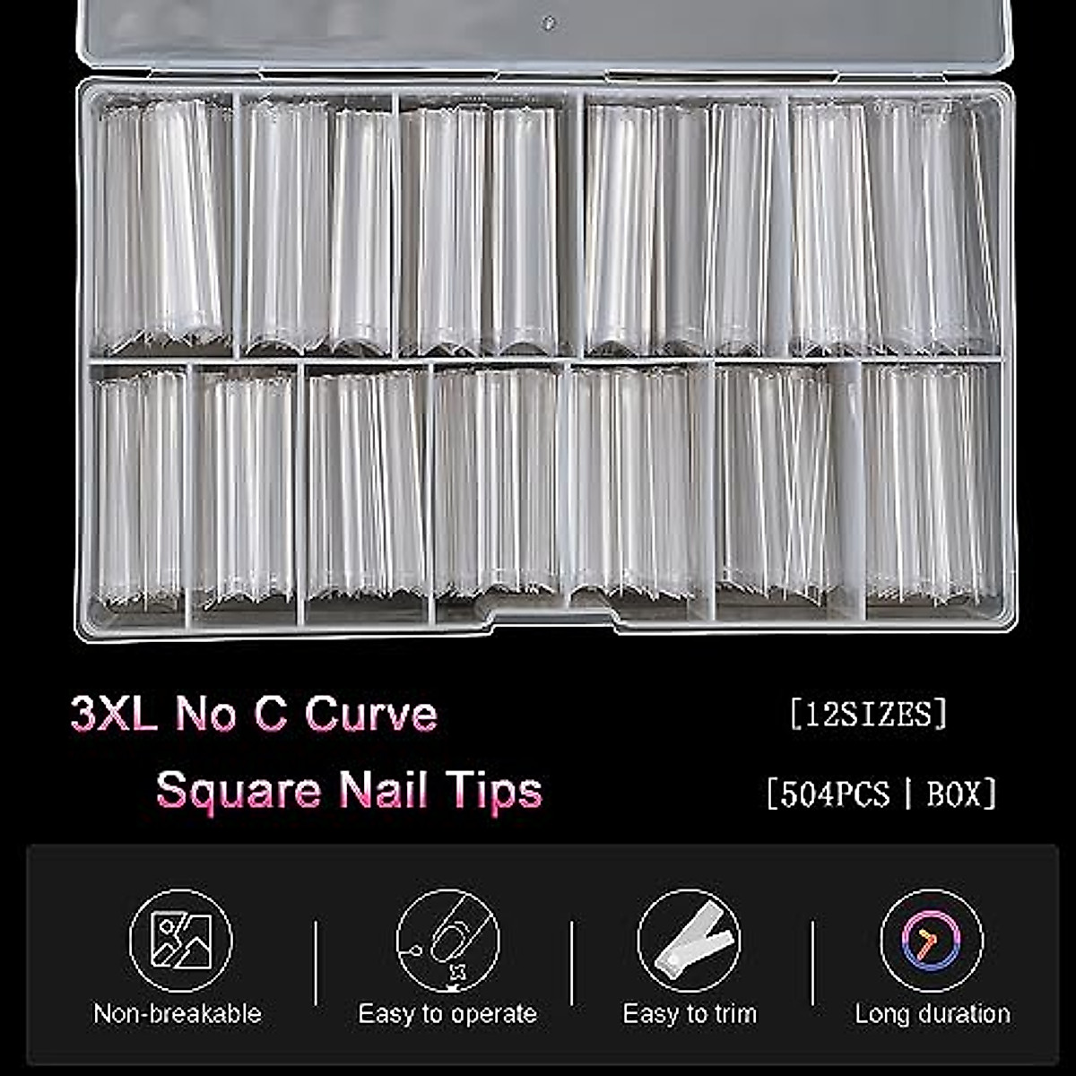 504Pcs No C Curve 3XL Extra Long Square Nail Tips for Acrylic Nails Professional, SWETIDY Clear Straight Flattened Half Cover False Nails Tips with Case for Nail Salons and Home DIY, 12 Sizes
