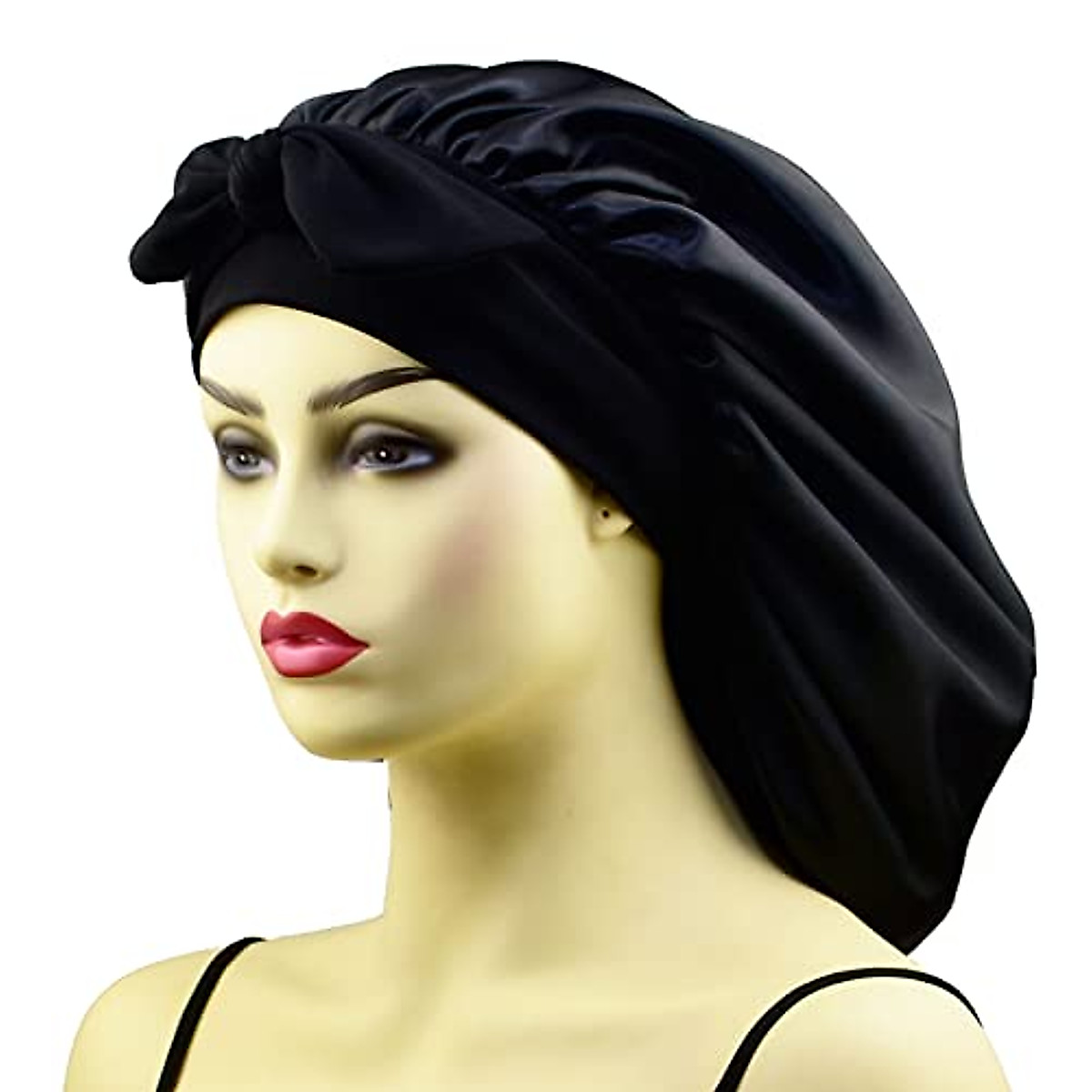 Extra Large Sleep Cap Satin Bonnet for Sleeping Long Hair Bonnet for Women Large Night Cap for Curly Hair XL Silk Bonnets (Black + Rose)