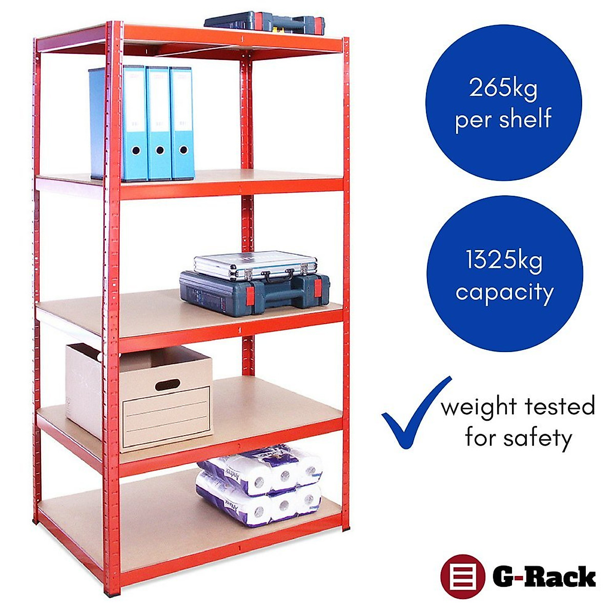 Garage Shelving Units - 71" H x 35" L x 24" W - Heavy Duty Racking - Shelves for Storage -1 Bay - Red - 5 Tier - 3000LB Capacity (600LB Per Shelf) - Workshop, Shed, Office - 5 Year Warranty