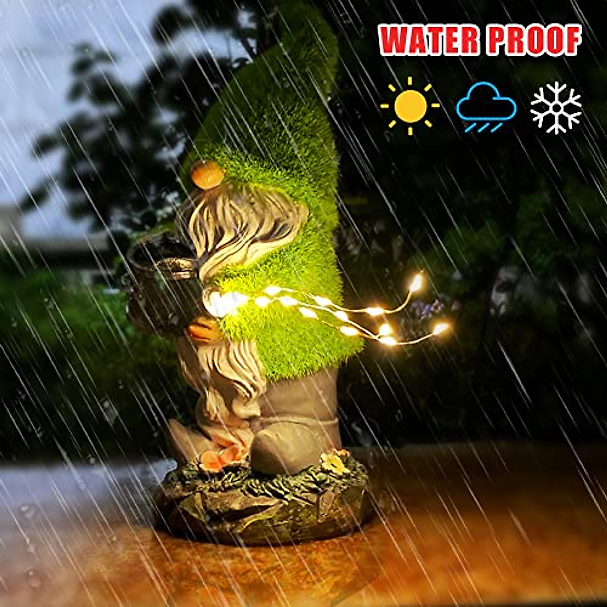 Flocked Large Garden Gnome Outdoor Statues Decor Holding Shower Sign with Solar Lights, Resin Garden Sculpture & Statues, Garden Decorations for Patio, Yard, Lawn Ornaments, Gnome Gifts