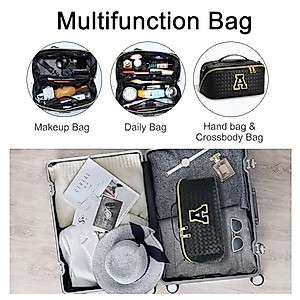 YOOLIFE Initial Travel Makeup Bag - Make Up Bag PU Leather Cosmetic Bag Travel Toiletry Bag for Women Cute Makeup Bag Black Make Up Bags for Women Large Makeup Bag Unique Birthday Gifts Black N