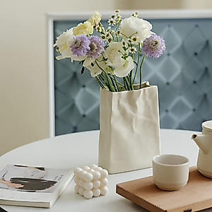 Crinkle Paper Bag Shape Ceramic Vase, Large Capacity for Flower Arrangement, Bookshelf Decorative (Matte Crème)