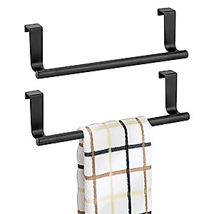 mDesign Over Kitchen Cabinet Door Towel Bar Holder for Hand, Dish, and Tea Towel Rack - Over the Door Towel Bar- Hang Inside or Outside Doors - Kitchen Organizer - Omni Collection, 2 Pack, Matte Black