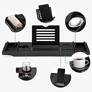 Navaris Bed and Bath Tray - Wooden Rack with Folding Legs - Bamboo Bathtub Caddy Bridge Shelf with Book or Tablet Stand - Black