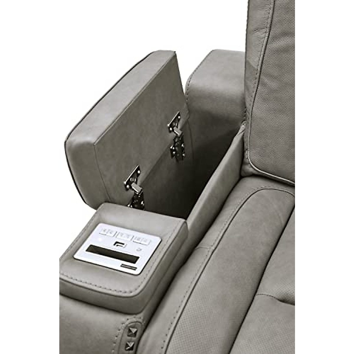 Signature Design by Ashley The Man-Den Leather Power Reclining Loveseat with Center Console, Adjustable Headrest & Wireless Charging, Gray
