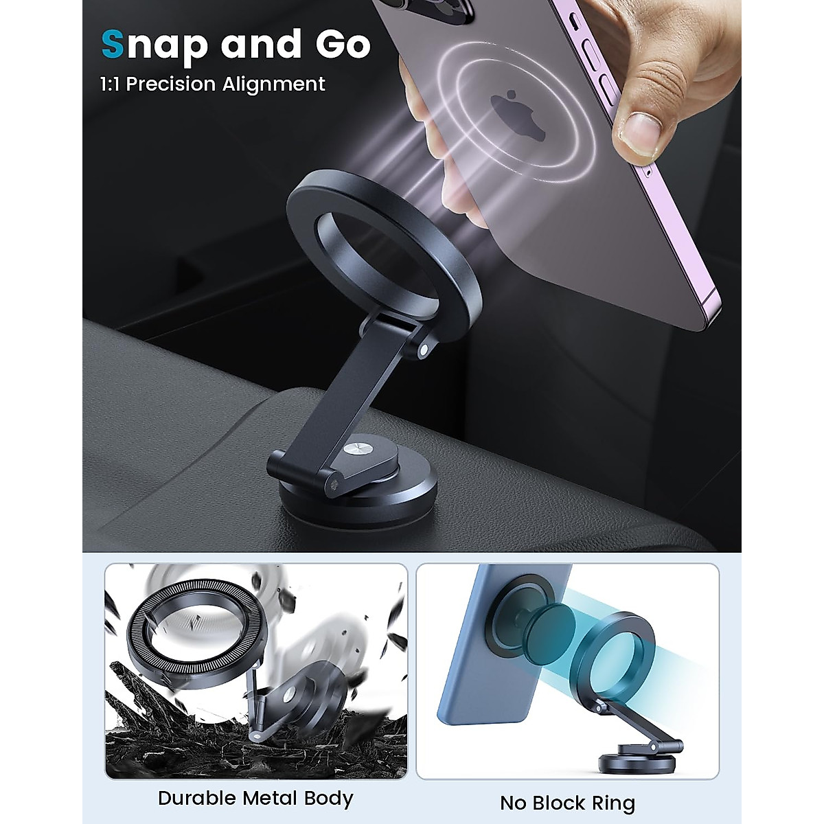 APPS2Car Fits MagSafe Car Mount, Foldable Metal Magnetic Car Phone Mount, Stick On Cell Phone Holder for Car Dash Dashboard MagSafe Accessories for iPhone 15 14 13 12 Pro Max Plus Mini MagSafe Case