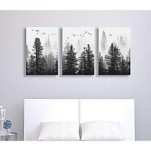Large Canvas Wall art Forest Picture Living room Decoration Black and White art Landscape Wall art Gable Decoration Morning fog Mountain Art Fog Forest Bird 40cmX60cm X3 Panel Modern Home Decoration