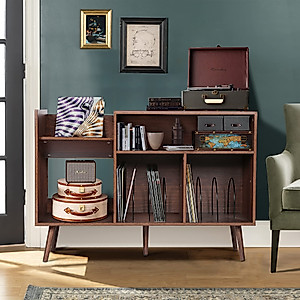 RARZOE Large Record Player Stand, Mid Century Concord Turntable Stand Table Holds Up to 350 Albums, Vinyl Record Storage Cabinet with Wood Legs for Living Room Office, Walnut Brown