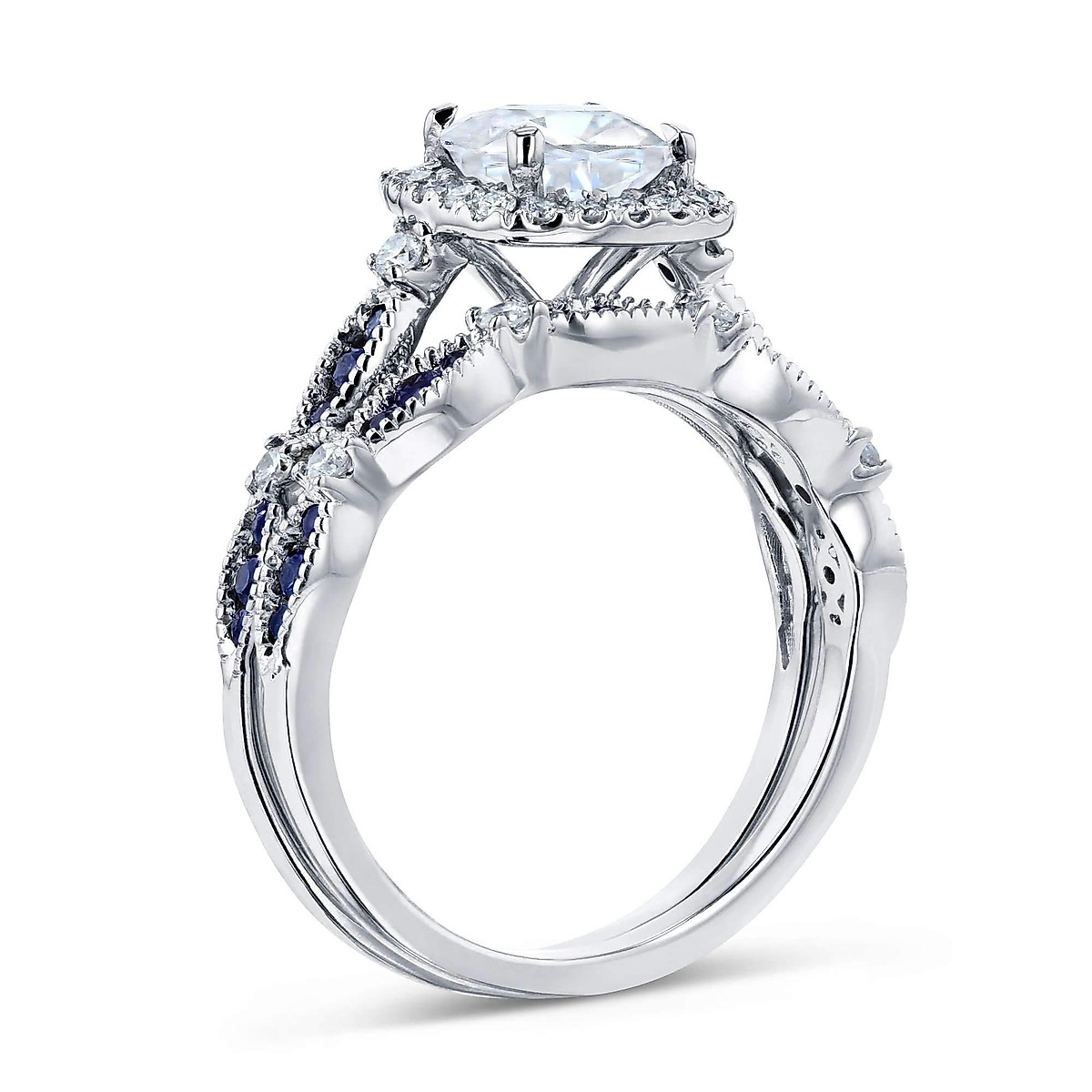 Kobelli Round Moissanite and Blue Sapphire Bridal Set - 8.0 G-H