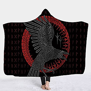 Vikings Throw Blanket Odin's Ravens Runes Hooded Blanket 3D Print Unisex Wearable Winter Warm Plush Sherpa Fleece Flannel Throw Cape Viking Crow Wrap Blanket ( Color : Red , Size : 80x60in/150x200cm )