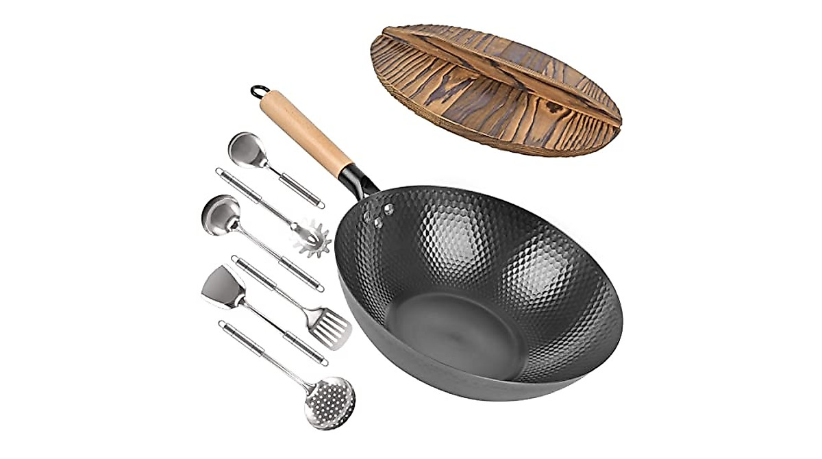 Hodebe Carbon Steel Wok Set | 7-Pc Flat Bottom for All Stoves