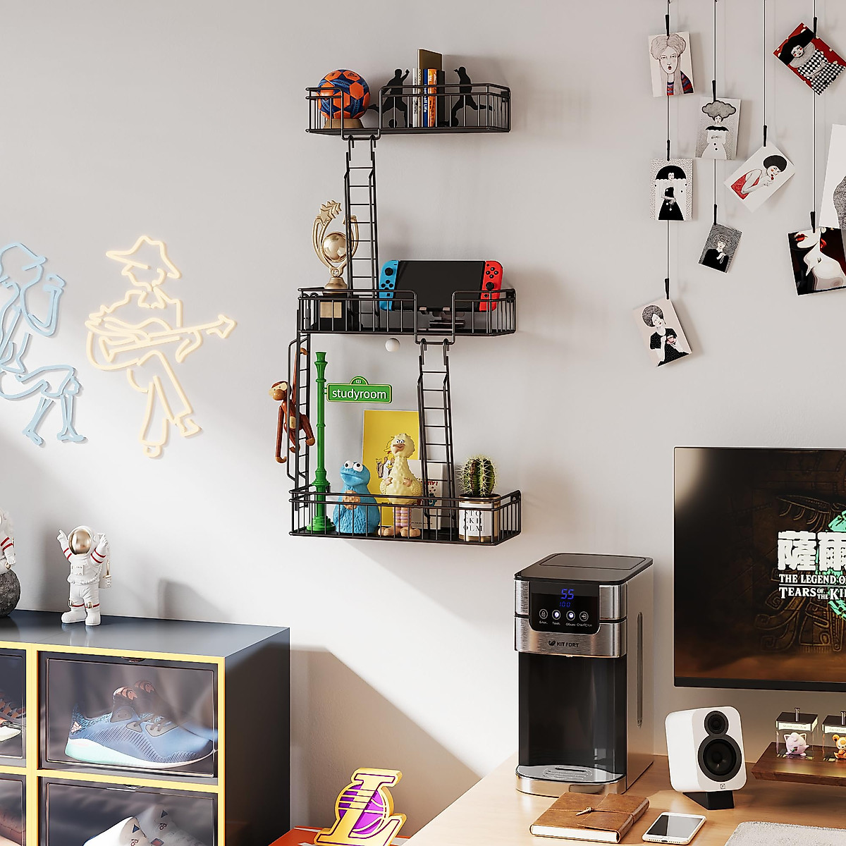 Sumbame 3-Tier Fire Escape Wall Shelf, Black Metal Floating Shelves, Eye-Catching Wall Mounted Picture Ledge Shelf, Unique Knick Knack Shelf Organizer, Funky Home Decor for Living Room and More