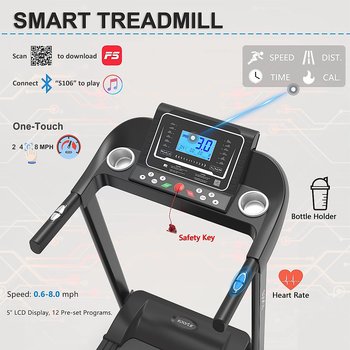Anwick Foldable Treadmill, 2.5HP Electric Walking Machine, 5'' LCD Screen, 250 LB Capacity, MP3, Steel, Black