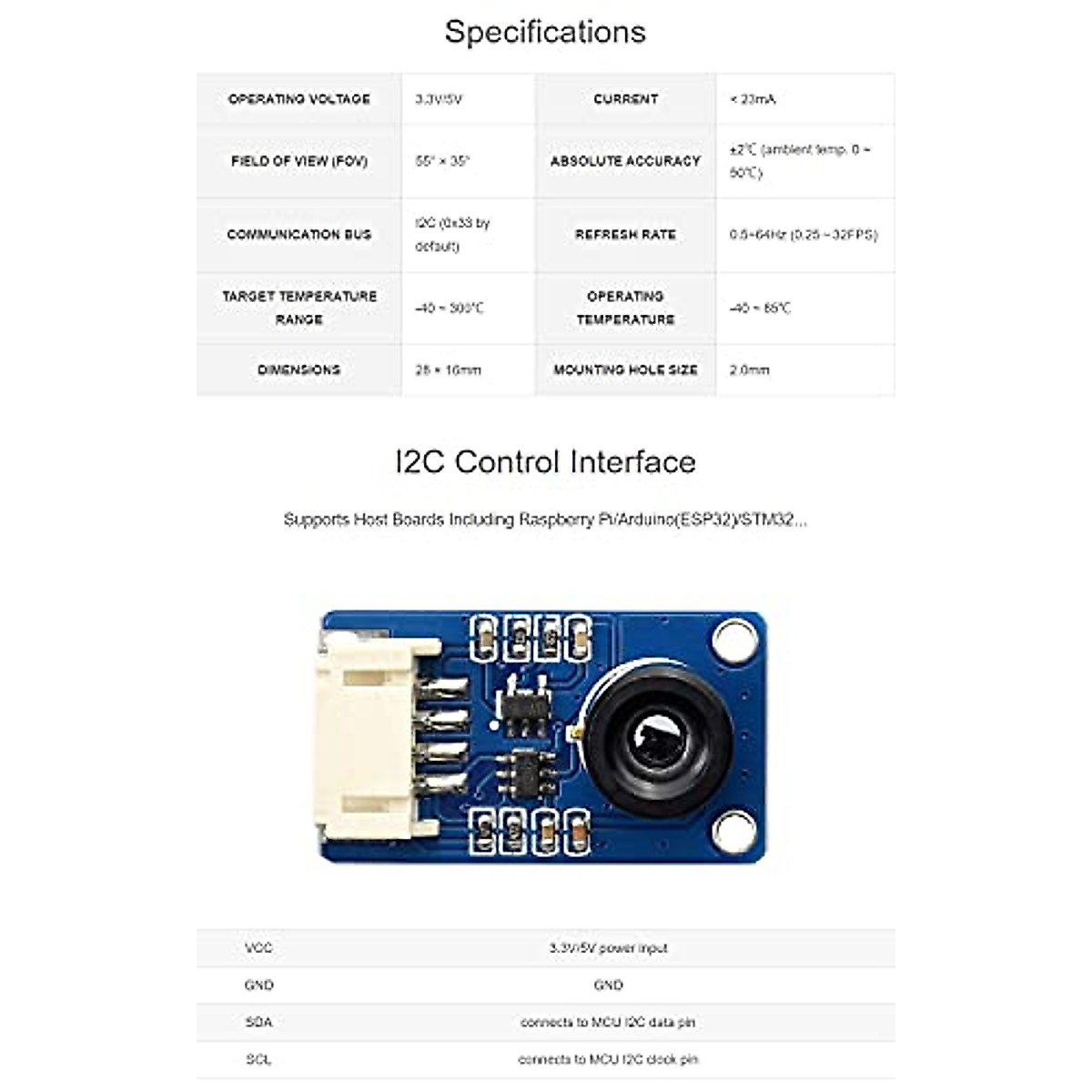 waveshare MLX90640 IR Array Thermal Imaging Camera with 32×24 Pixels 55° Field of View Communicating via I2C Interface Supports Raspberry Pi/rduino(ESP32)/STM32, etc.