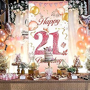 DPKOW Rose Gold 21st Birthday Party Decoration for Woman, Rose Gold 21st Birthday Banner for Backdrop Door Decoration,21st Birthday Background Banner for Garden Wall Decoration, 185 x 90cm Fabric