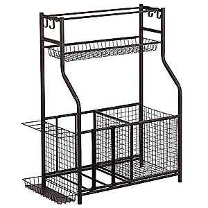 mDesign Metal Heavy Duty Garage Storage System Rack with Top Shelf, Multi-Purpose Sporting Goods Storage with Multiple Compartments, Baskets and Hooks - Holds Equipment, Balls, Bats - Bronze