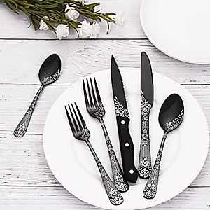 EUIRIO 48-Piece Black Silverware Set with Steak Knives, Black Flatware Set for 8, Stainless Steel Cutlery Set, Knives and Forks and Spoons Sets,Unique Pattern Design,Mirror Polish and Dishwasher Safe