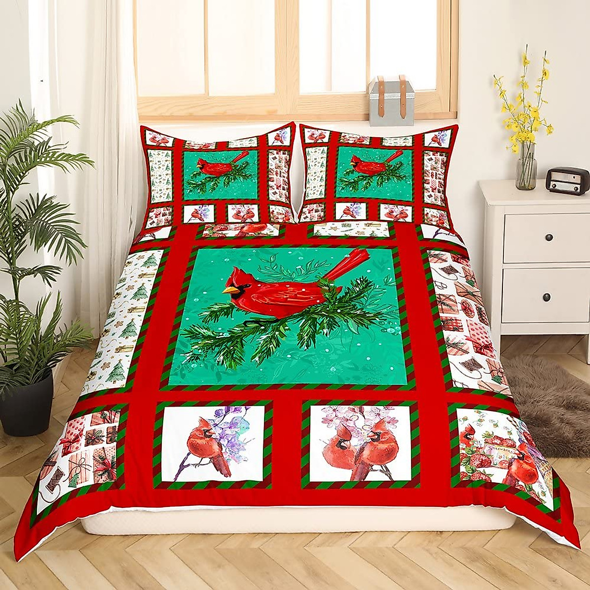 Erosebridal Cardinals Birds Duvet Cover Red Cardinal Bedding Set for Kids Child,Green Pine Tree Branches Comforter Cover Cute Bird Animal Bed Sets Patchwork Style Bedroom Decor Twin Size