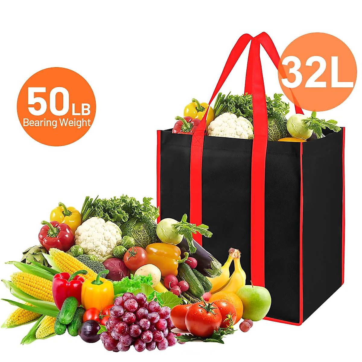 Bodaon 2Pk Collapsible Kitchen Reusable Grocery Bags, the Utility Tote Bag Bulk, Large Folding/Foldable Reusable Shopping Cart for Groceries, Storage Totes Heavy Duty, Shopping Basket (Black)