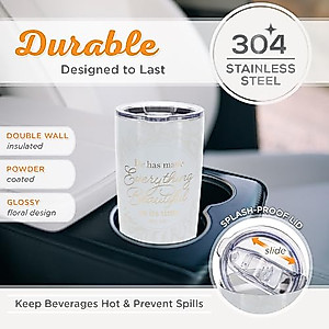 Christian Art Gifts Large Travel Tumbler for Women Stainless Steel Vacuum Insulated Inspirational Scripture: Everything Beautiful, Retractable Lid, Ivory White Floral, 18 oz.