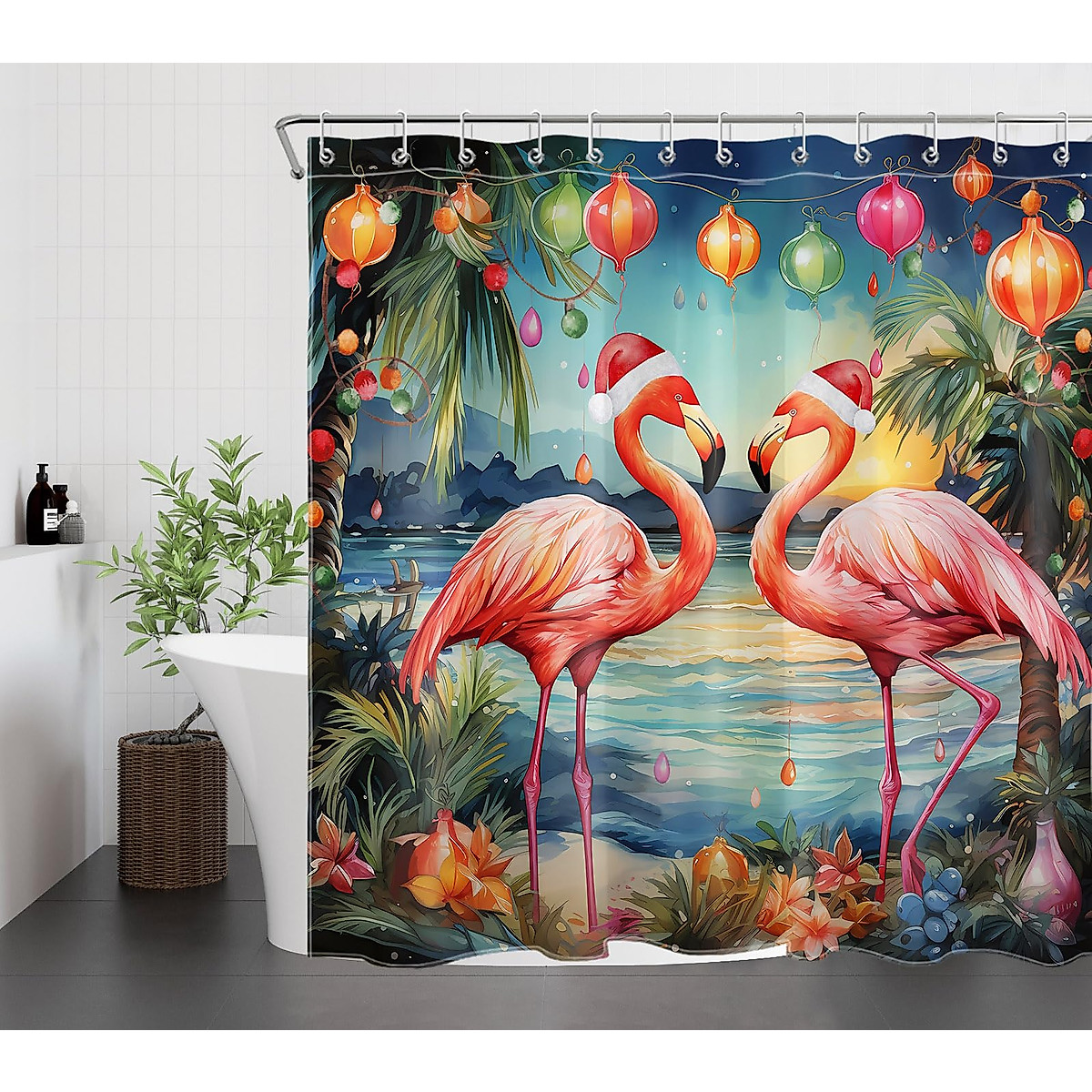 WEENEO Christmas Flamingo Shower Curtain Tropical Palm Tree with Colorful Lights on The Beach and Nature Landscape Shower Curtain for Bathroom Winter Holiday Bath Curtain with 12pcs Hooks,72x72 Inch