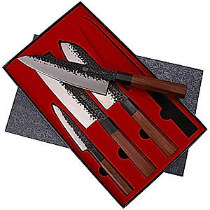 4pcs in one Kitchen Knife Set with Teak Wood Magnetic Knife Block by Findking-Dynasty series-3 layer 9CR18MOV Clad Steel W/Octagon Handle Knife Set