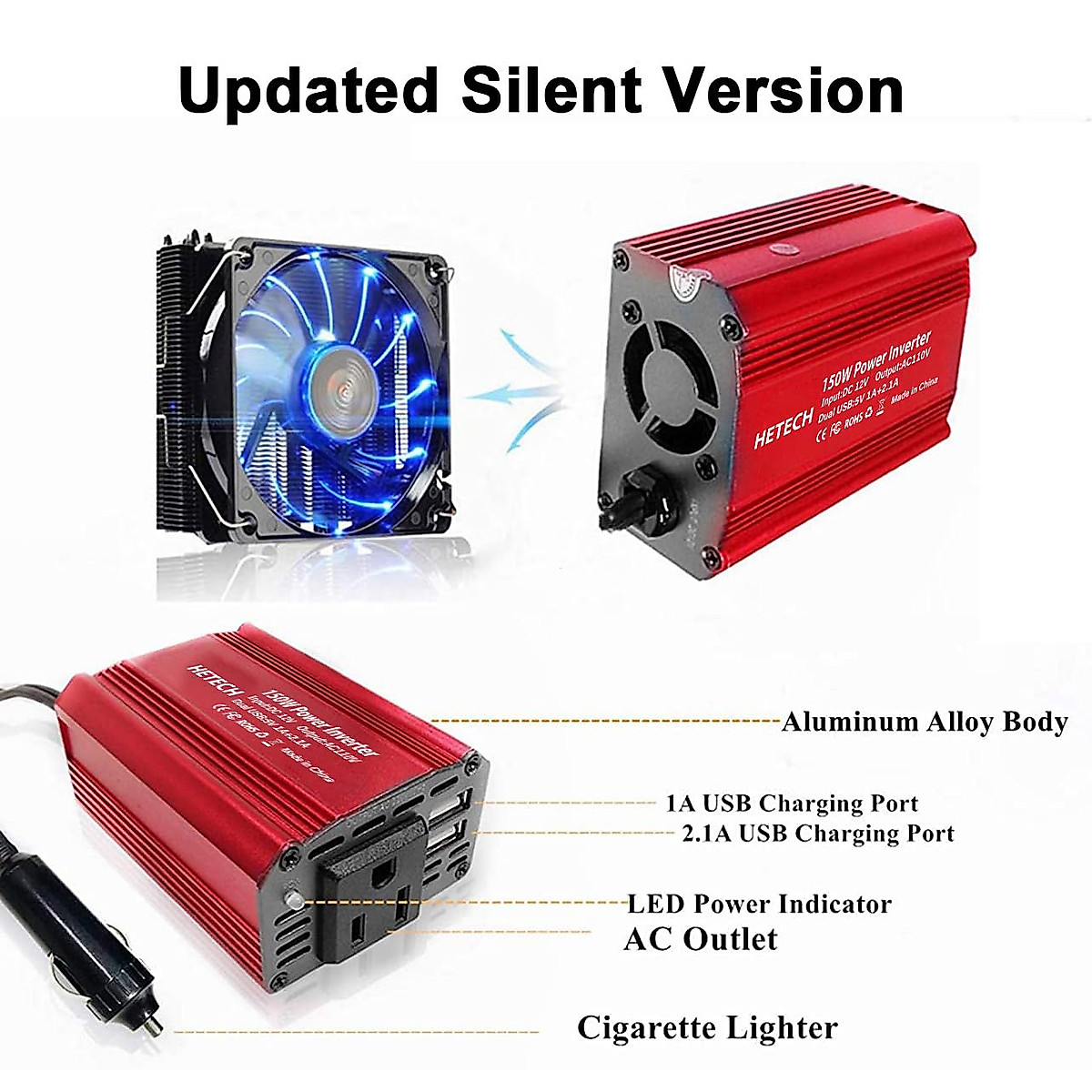 HETECH 150W Car Power Inverter 12V DC to 110V AC Converter Vehicle Adapter Plug Outlet with 3.1A Dual USB Car Charger with Cigarette Lighter Interface for Laptop Computer iPhone - Red