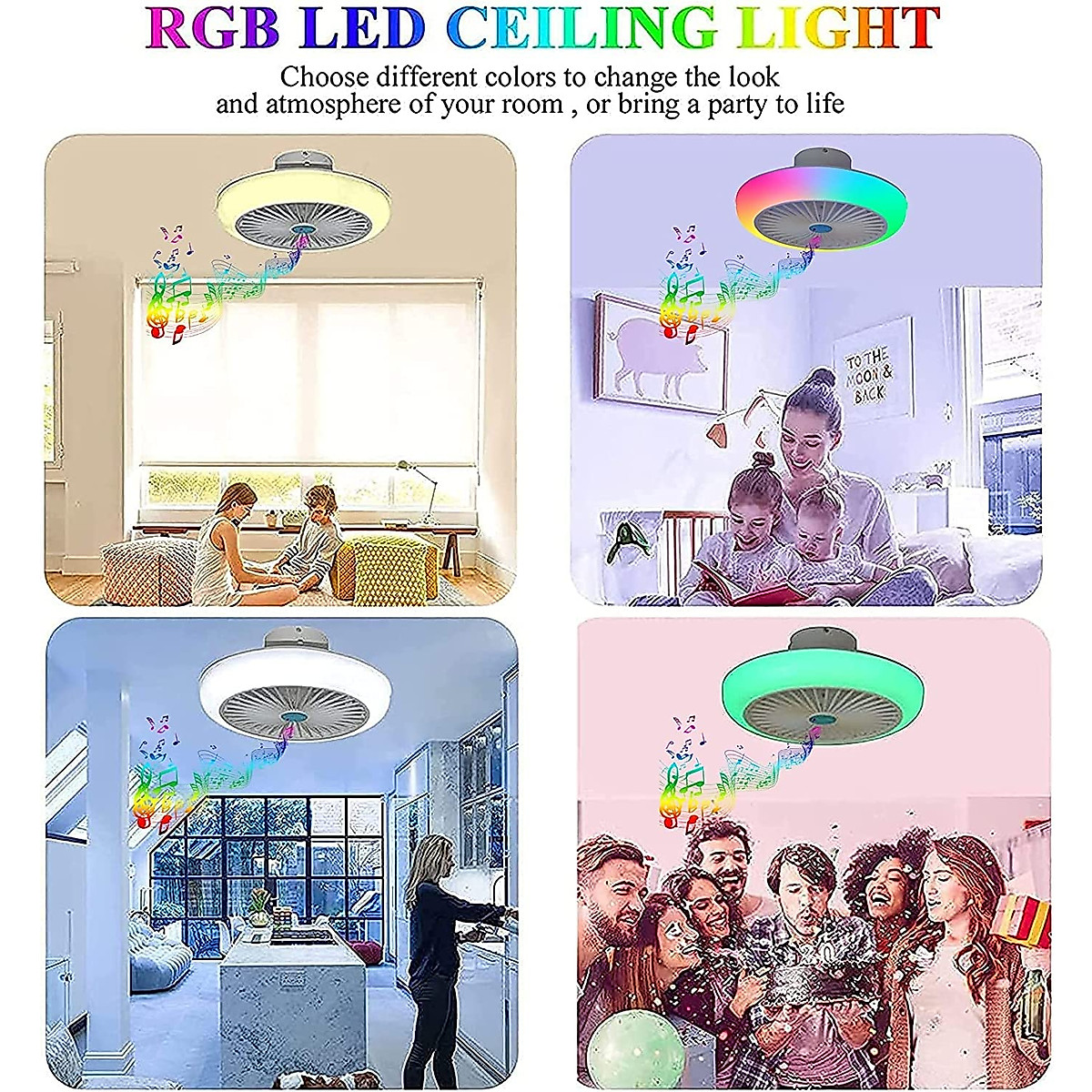 Ceiling Fans with Lights and Remote Bluetooth, RGB Dimmable LED Enclosed Ceiling Fans for Kids Room, with Bluetooth Speaker And 3 Colors Led Light, 3 Wind Speed & App-Timing Setting, White 17.7''