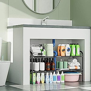 Summer&Kiss Expandable Under Sink Organizers and Storage，2-Tier Cabinet Metal Shelf Organizer with 8 Removable Panels, Black Under Sink Storage Rack for Kitchen Bathroom