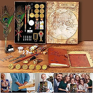 Aifeiter Quill Pen Ink Set - Peacock Feather, Wooden Dip Pen, Reusable Journal, Calligraphy Set