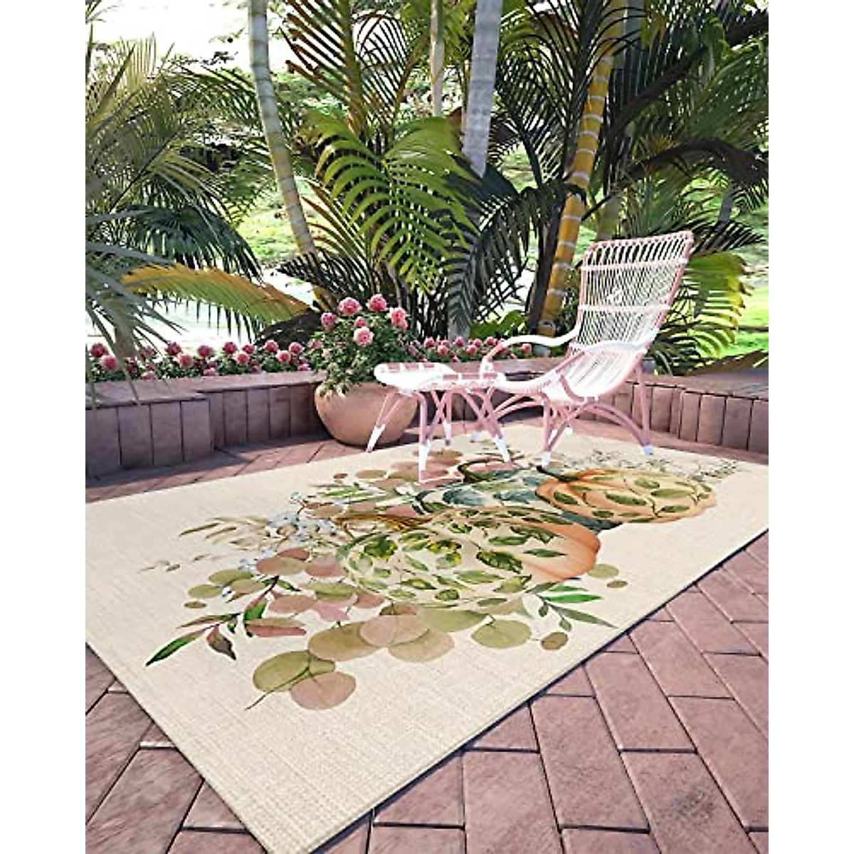 Leaves Pumpkins Large Rectangular Area Rugs 5' x 7' Living Room, Durable Non Slip Rug Carpet Floor Mat for Bedroom Bedside Outdoor Fall Thanksgiving Green Eucalyptus Burlap