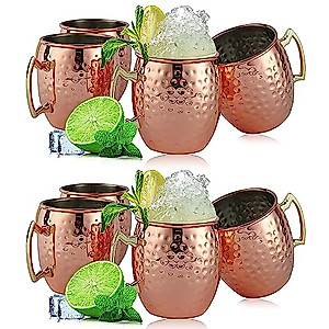 Moscow Mule Mugs Set of 8 | Large Size 19 ounces | Stainless Steel Lining Copper Hammered Cups | | Pure Copper Plating | Gold Brass Handles Gift Pack…