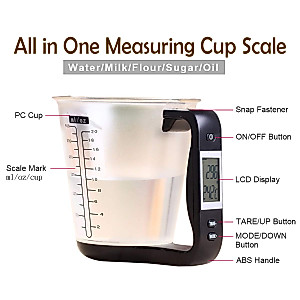 Kitchen Scale Digital Measuring Cup 1kg/600ml Food Scale Weight Scale Scales Weighing Water Milk Flour Sugar Oil Coffee Liquid Baking Cooking Plastic Measuring Cups Grams and Ounces (Black)
