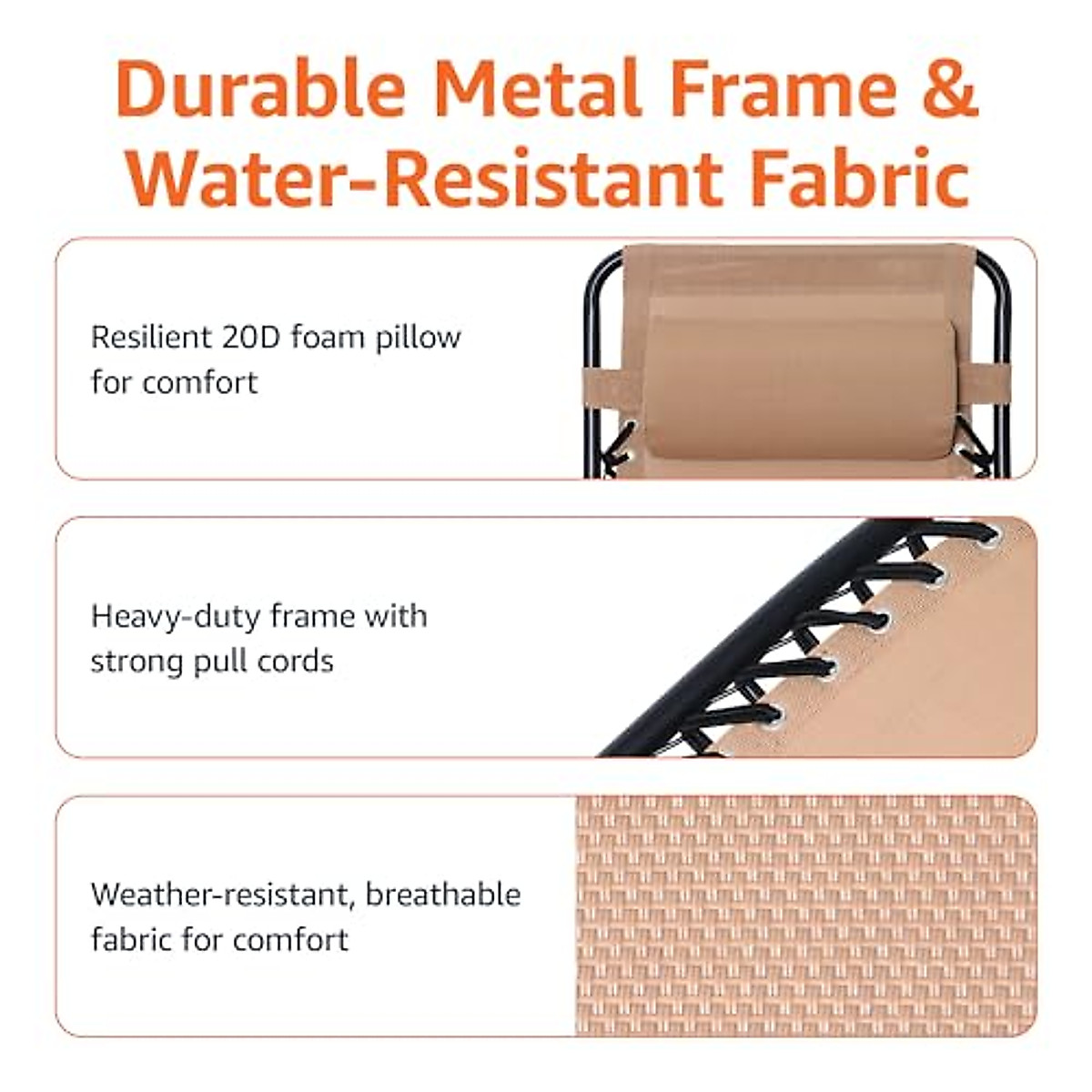 Amazon Basics Outdoor Textilene Adjustable Zero Gravity Folding Reclining Lounge Chair with Pillow, 26", Beige