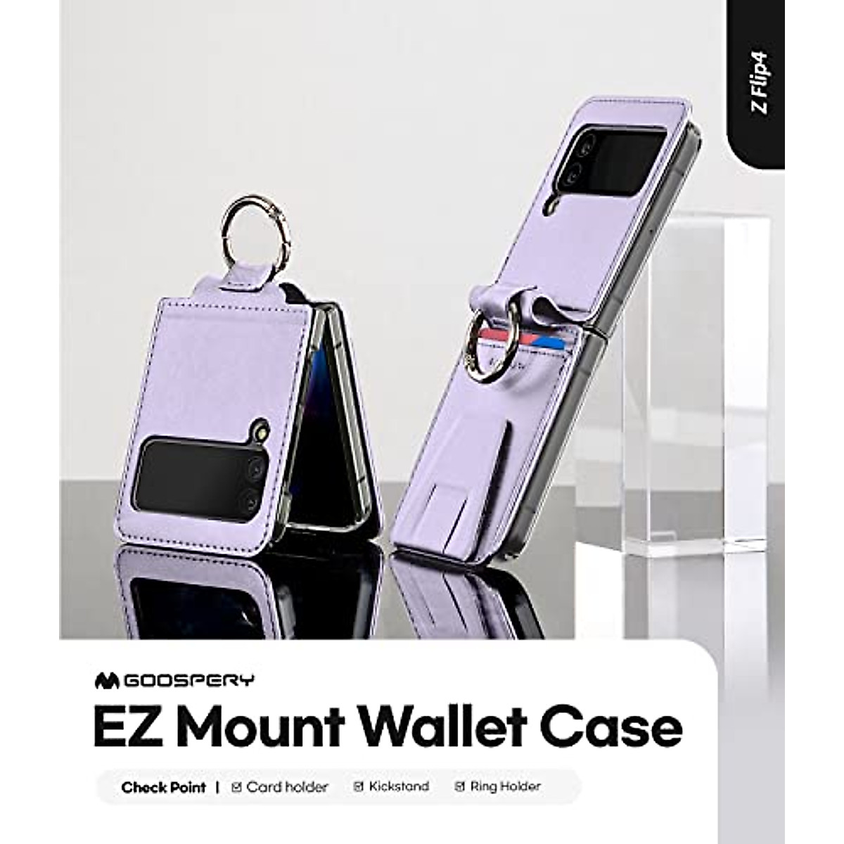 GOOSPERY EZ Mount Wallet Compatible with Galaxy Z Flip 4 Case, Card Holder Loopy Ring Adjustable Kickstand with Horizontal/Vertical [Compatible with Wireless Charging], Lavender