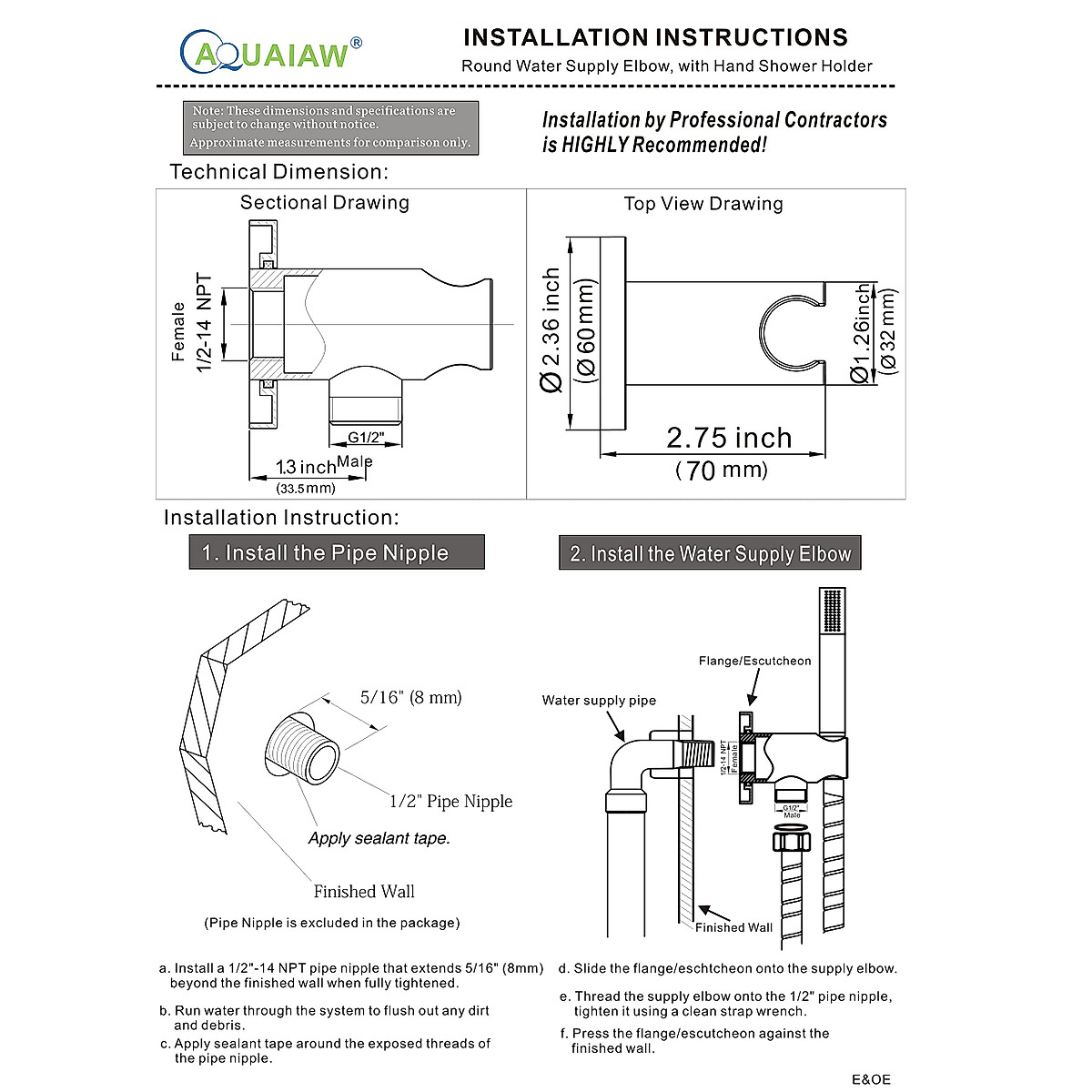 Aquaiaw Wall Supply Elbow with O-Ring Flange, Tapered 1/2 NPT Female Inlet, Solid Brass Wall Union W/Handshower Holder, Round Wall Supply Elbow W/Hand Shower bracket, Polished Chrome, G1/2 Outlet