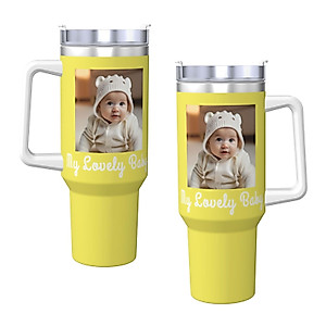 deaokluy Personalized 40 OZ Ice Bully Cup with Handle Straw, Custom Stainless Steel Tumbler with Lid Add Photo Logo Text, Design Travel Coffee Cup, Personalized Present for Friends Birthday Christmas