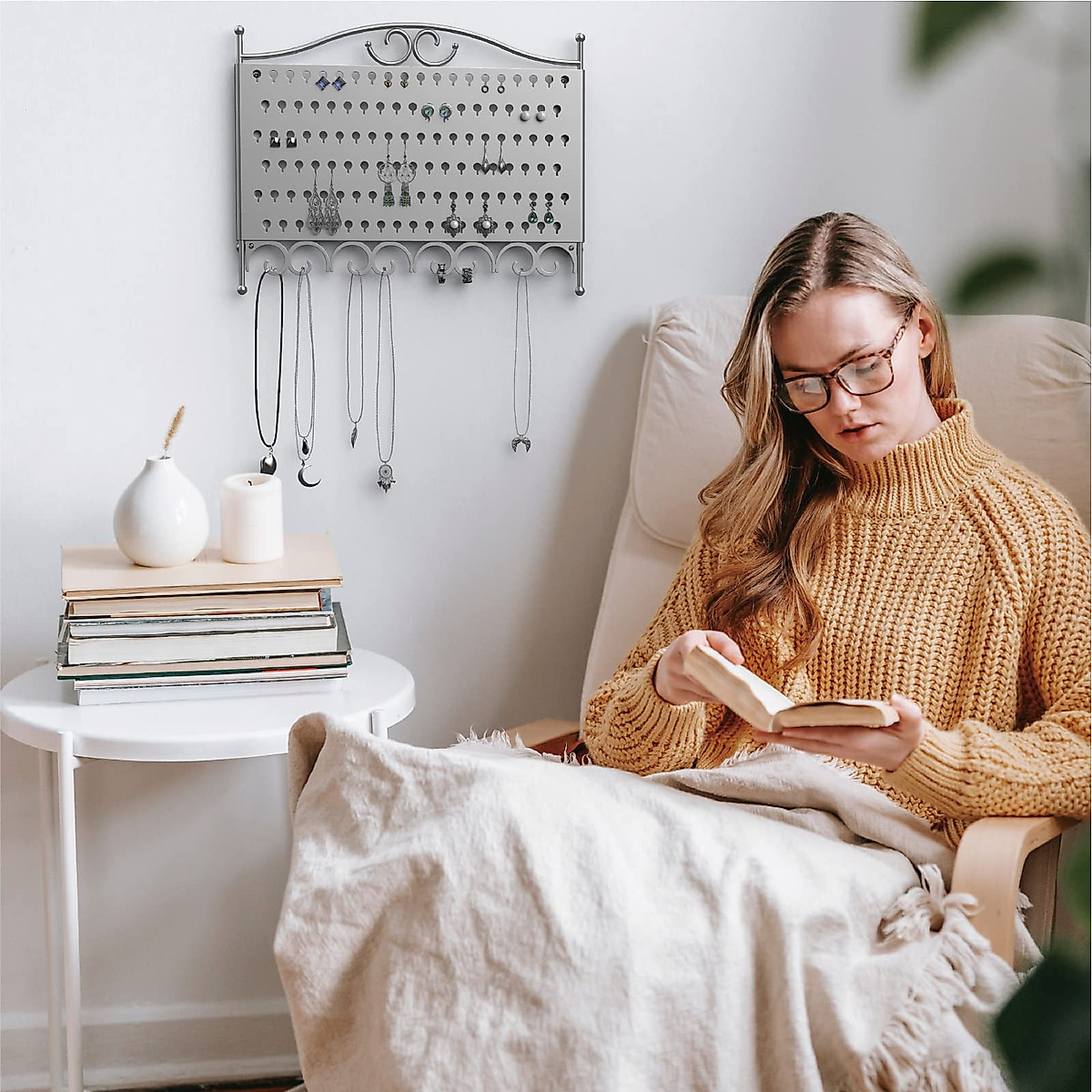 Mango Steam Wall Mounted Closet/Wardrobe Display Hanger Organizer for Jewelry & Earrings With Hooks for Necklaces, Bracelets, Accessories - Silver