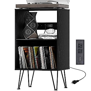 Record Player Stand, Turntable Stand with Charging Station & USB Ports, Large Vinyl Record Storage Table Holds up to 160 Albums, Vintage Holder Display Shelf, Turntable Nightstand for Living Room