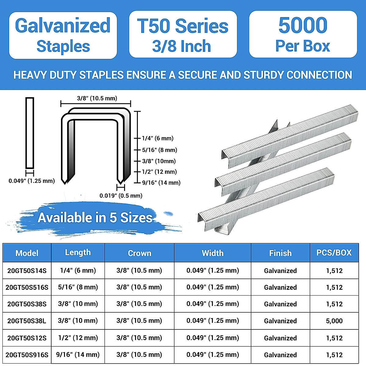 meite T50 Staples, 3/8 Inch Heavy Duty Staples for Staple Gun, 20 Gauge 3/8 Inch Crown Galvanized Upholstery Staples Staple Gun Staples (5,000 Counts)
