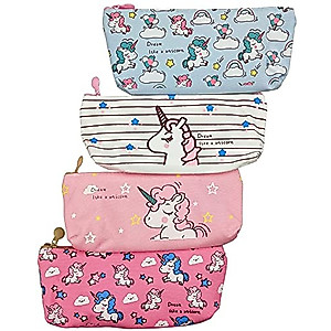 MOMOONNON 4PCS Cute Unicorn Cartoon Zipper Pencil Case Pouch Pen Holder Makeup Bag Organizer Canvas Stationery Storage Bag for Kids Girls