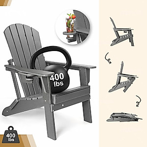 Plawdlik Folding Adirondack Chair, SGS Tested, Wooden Textured with Cup Holder, Heavy All-Weather HDPE Comfortable Set Poolside Backyard Lawn Grey